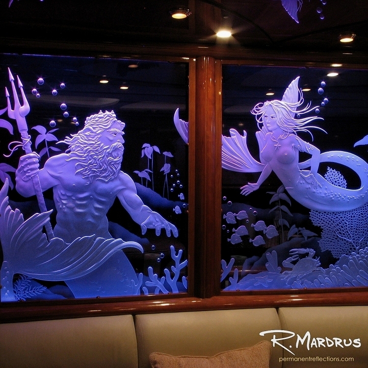 Edge lit Carved Glass Neptune